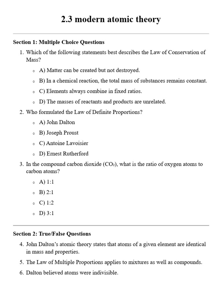 Modern Atomic Theory Quiz and Answers | PDF | Chemical Substances ...
