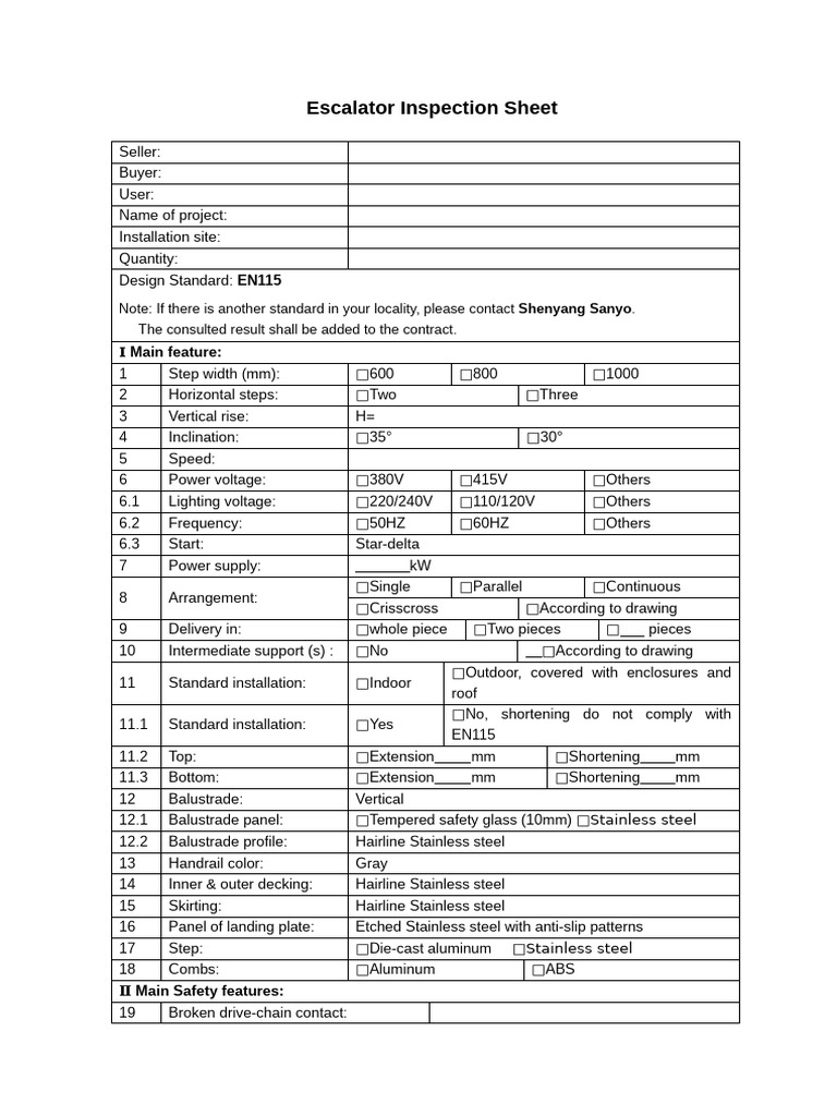 Escalator Inspection Sheet | PDF | Escalator | Electrical Engineering