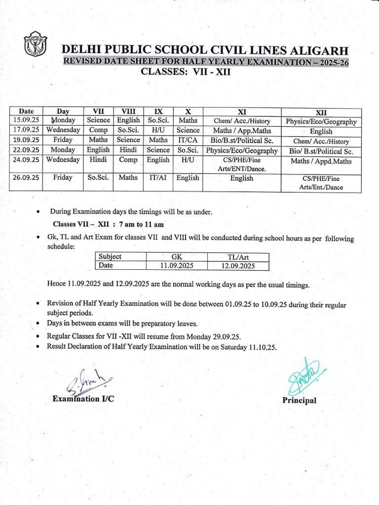 Revised Half Yearly Date Sheet (Vii Xii) 2025 26 | PDF