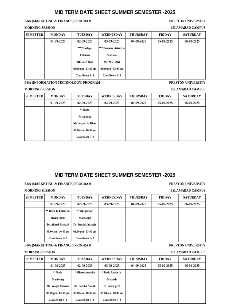 Date Sheet Mid Term Summer Semester -2025 Revised | PDF | Academic Term