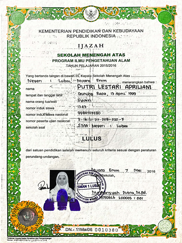 Ijazah Putri Lestari Apriliani | PDF