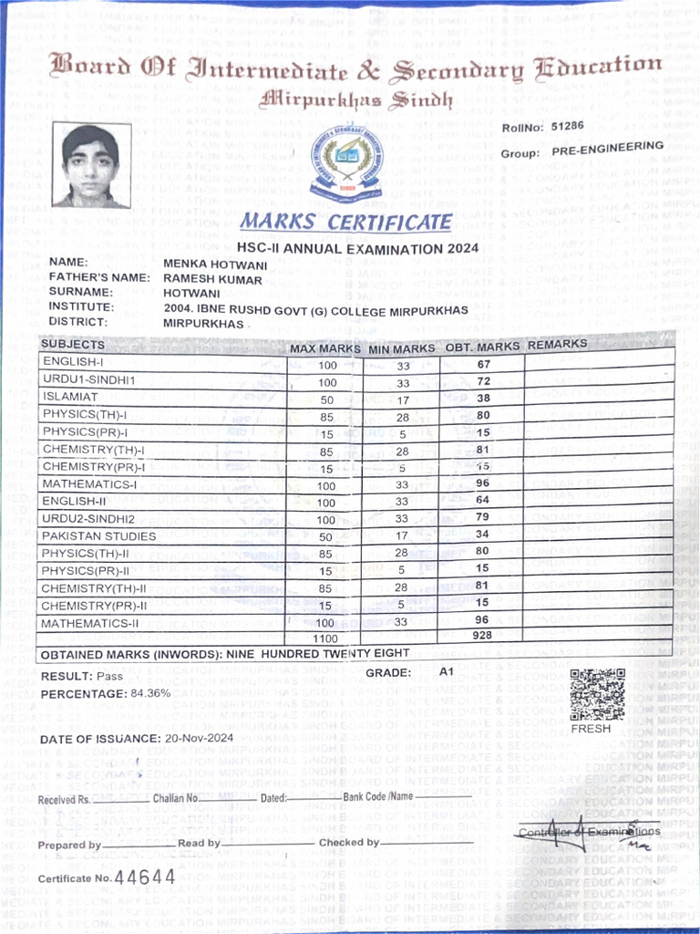Attested Hsc-II Marksheet | PDF