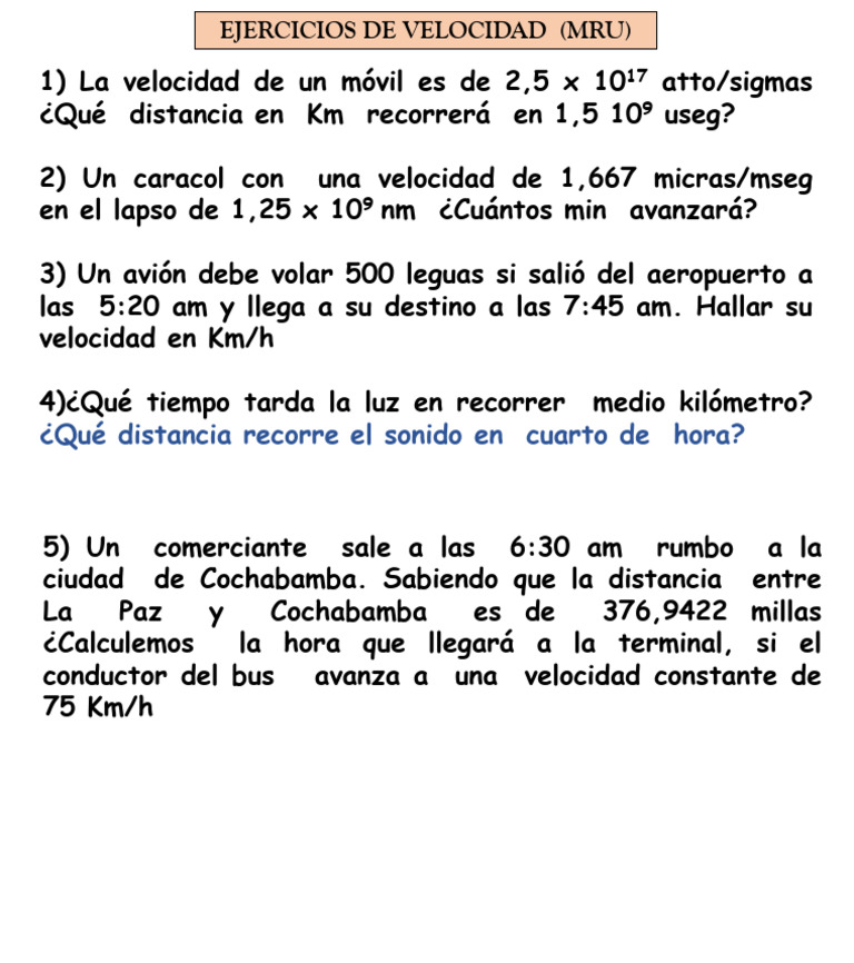 Ejercicios de Velocidad y Tiempo | PDF