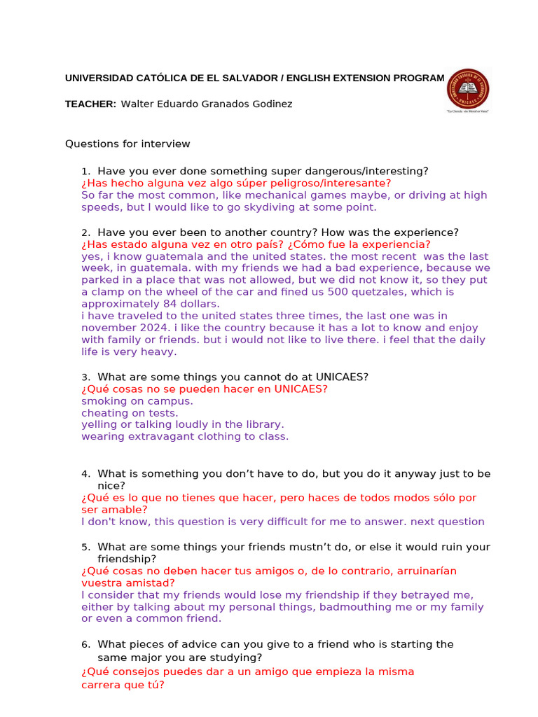 UNICAES Student Interview Questions | PDF