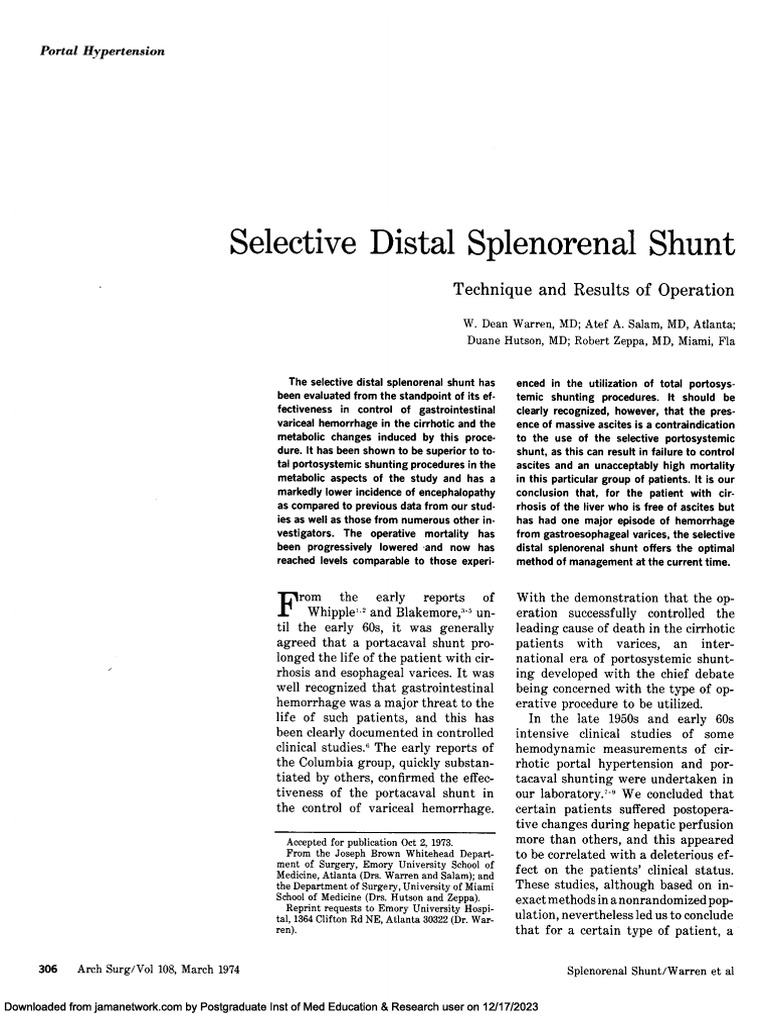 Selective Distal Splenorenal Shunt, DR Dean Warren | PDF | Vein | Cirrhosis