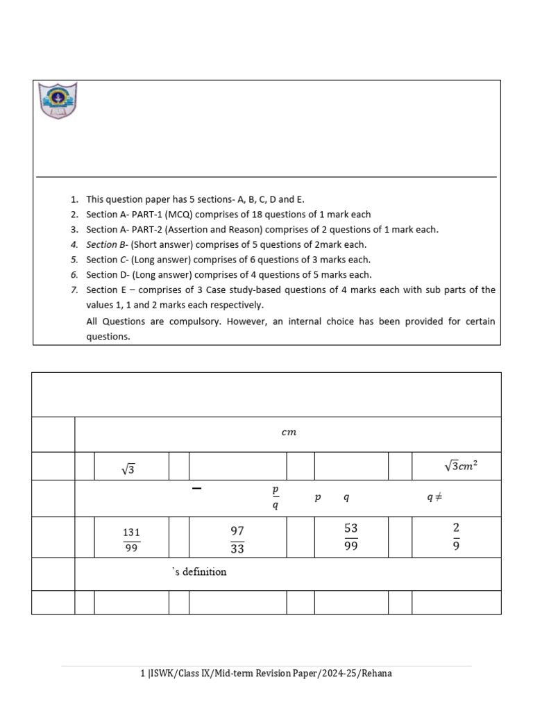 7736290-CL 09 Revision Paper MidTerm 2024-25 REHANA | PDF | Euclidean Geometry | Elementary Geometry