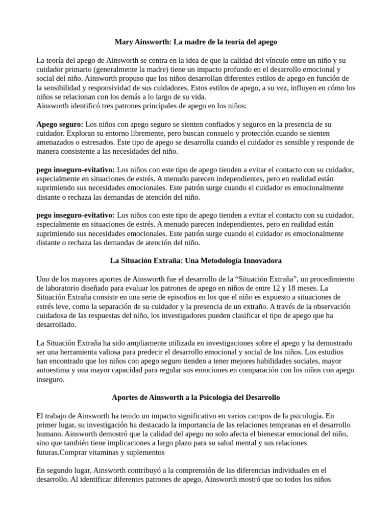 Teoría Del Aprego de Mary Ainsworth | PDF | Teoría de apego | Sicología