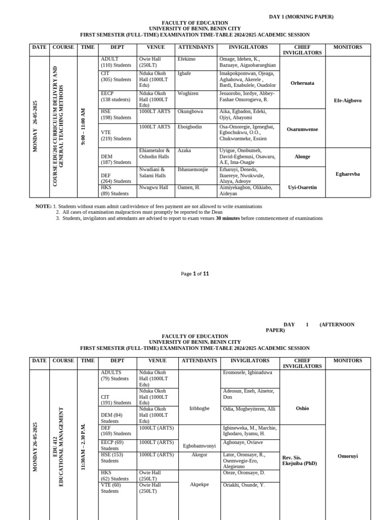 2024 2025 First Semester Exam Timetable-3 | PDF | Higher Education | Educational Stages