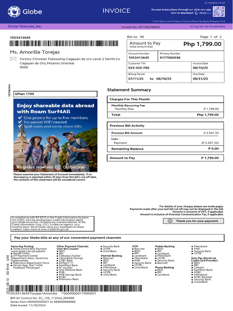 Globe Bill 09177060596 | PDF | Value Added Tax | Banks