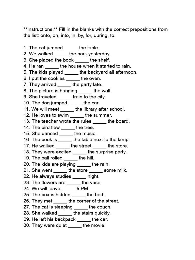 Preposition Fill-in-the-Blank Exercise | PDF