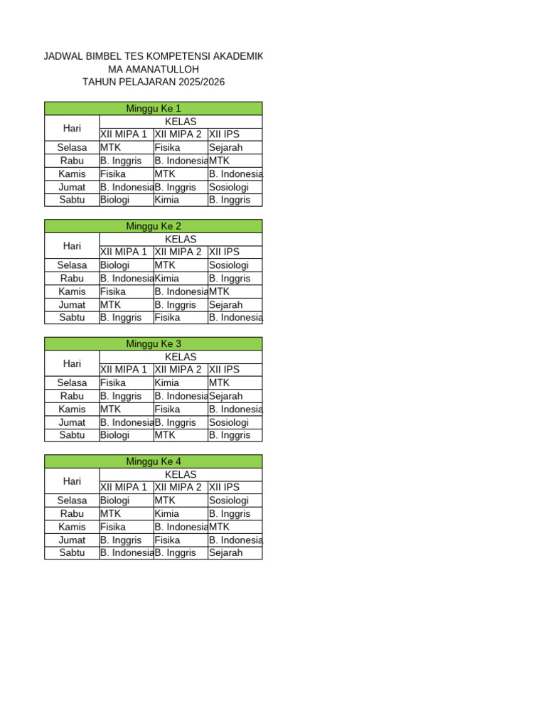 Jadwal Bimbel TKA 2025/2026 | PDF
