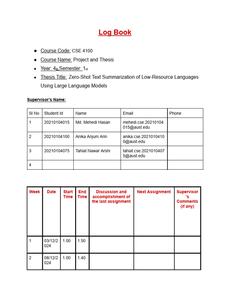 Log Book For Thesis - Project | PDF