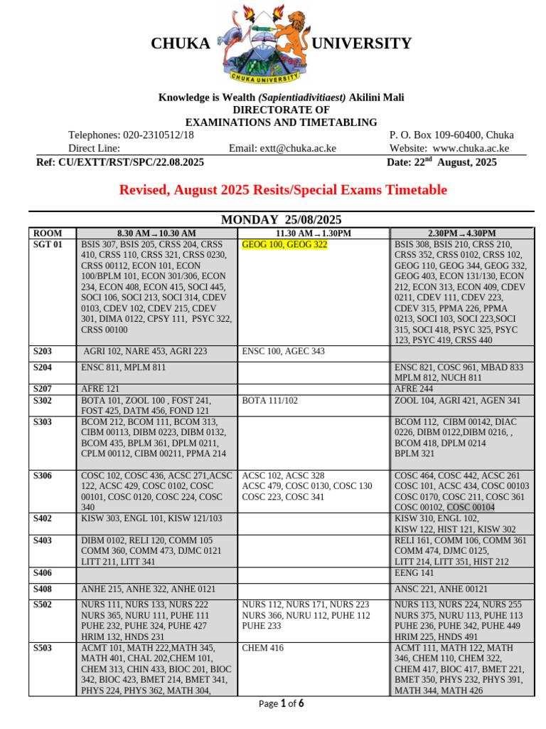 Revised, August 2025 Resits Timetable. | PDF
