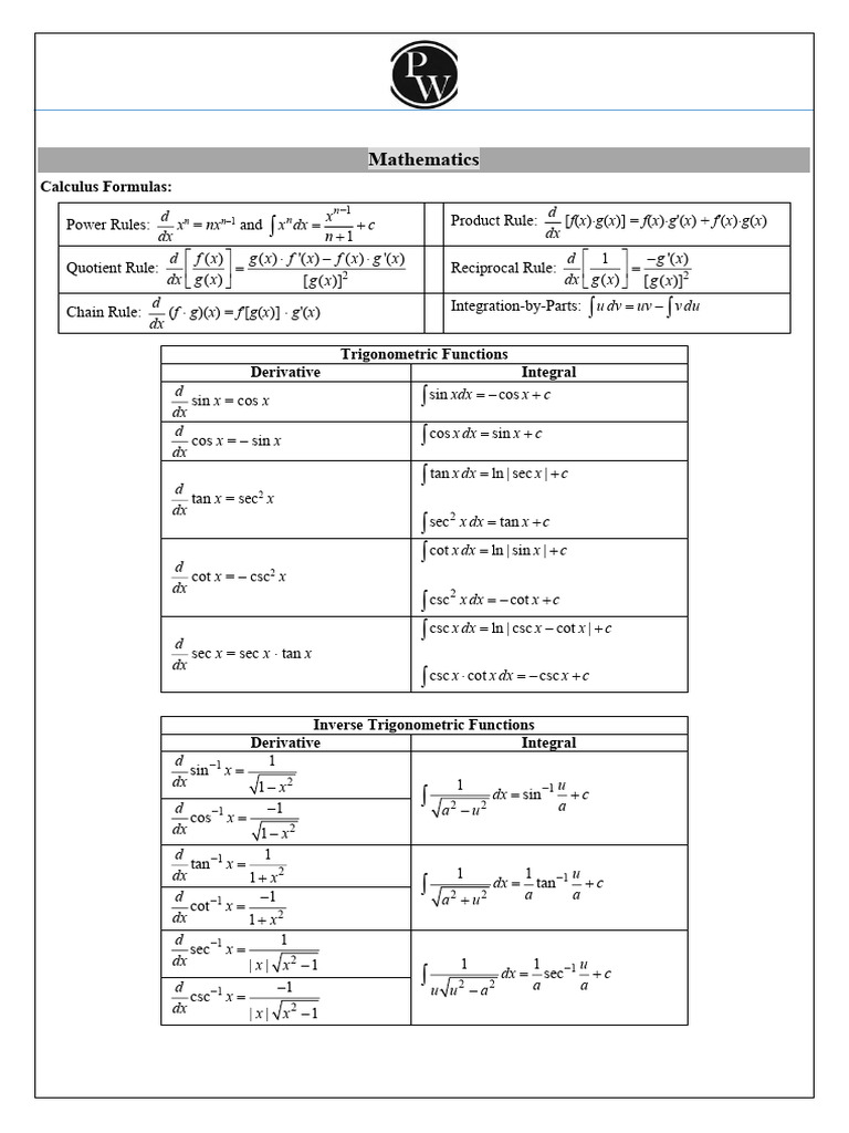 ?12.Calculas All Formulae Sheet | PDF | Trigonometric Functions ...