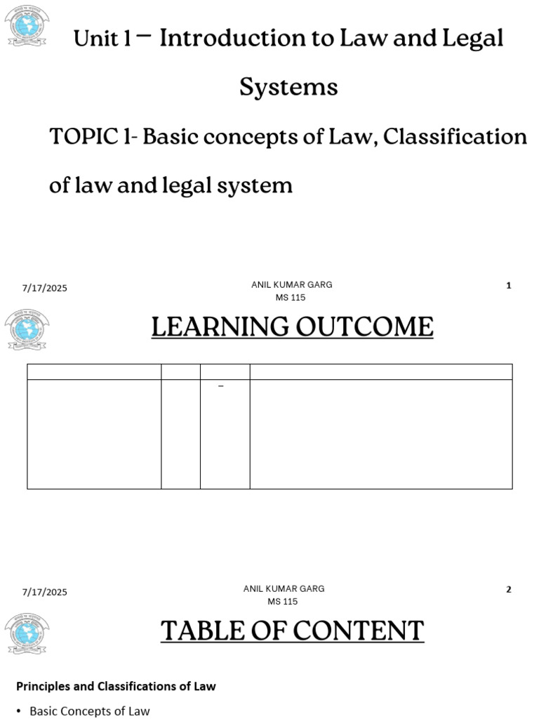UNIT 1 - Topic 1 - Basic Concepts of Law, Classification of Law and Legal Systems | PDF | Common ...