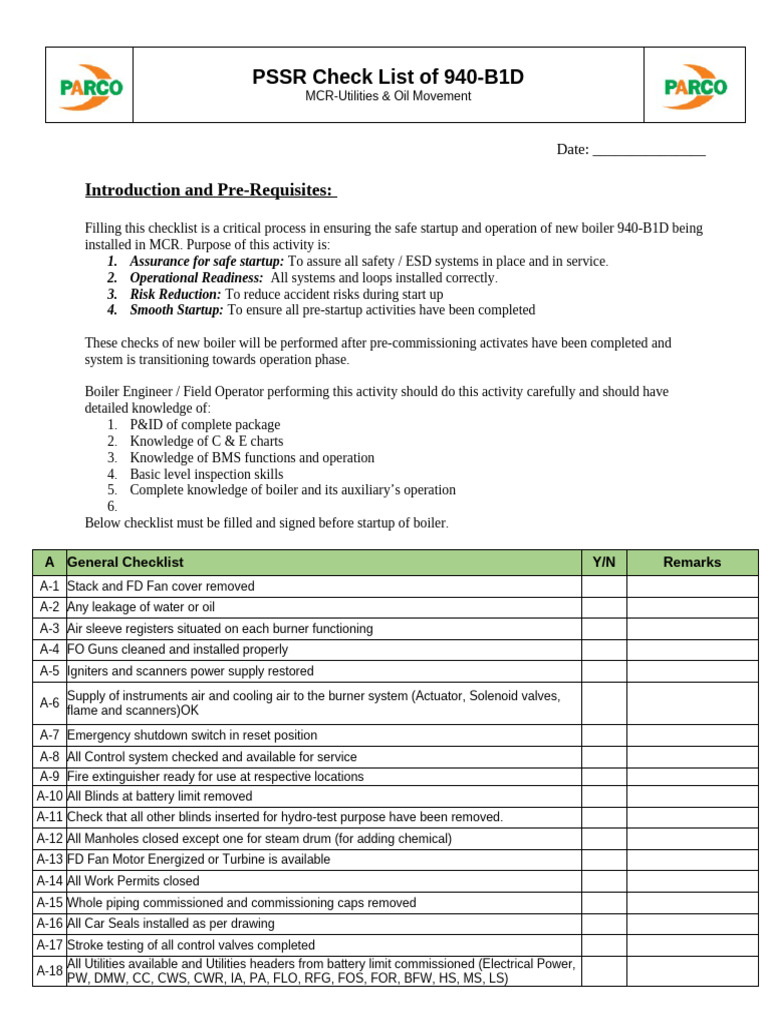 PSSR Checklist for Boiler 940-B1D | PDF | Boiler | Valve