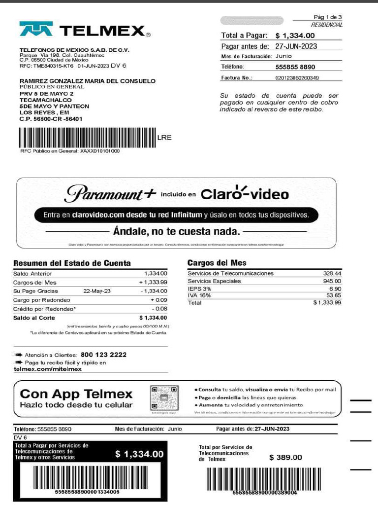 Recibo Telmex Tecamachalco | PDF