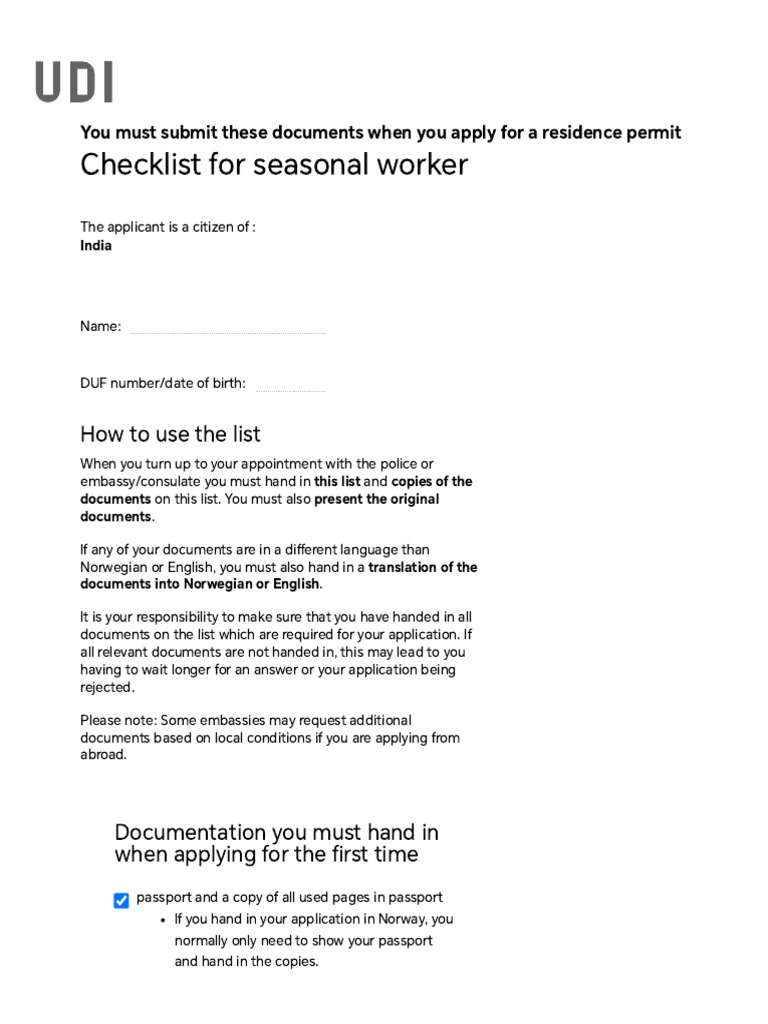 Seasonal Worker Permit Checklist | PDF | European Economic Area ...