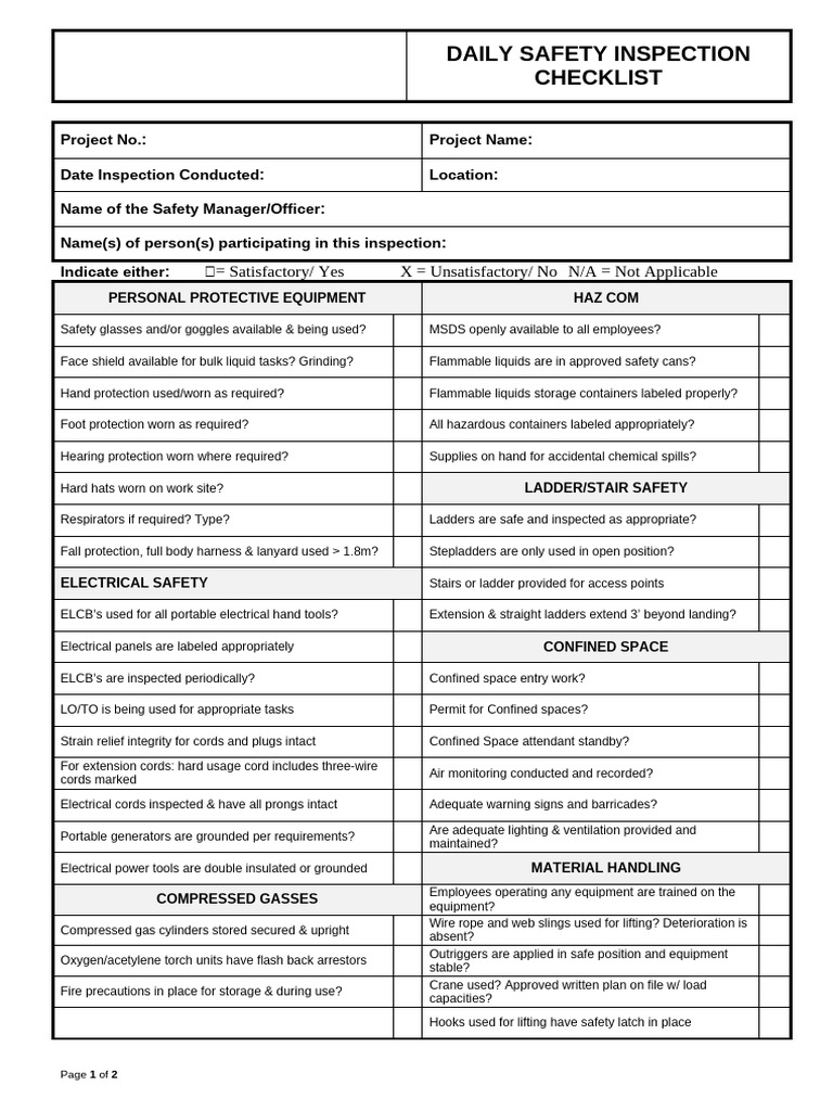 Daily Safety Inspection Checklist | PDF | Equipment | Occupational ...