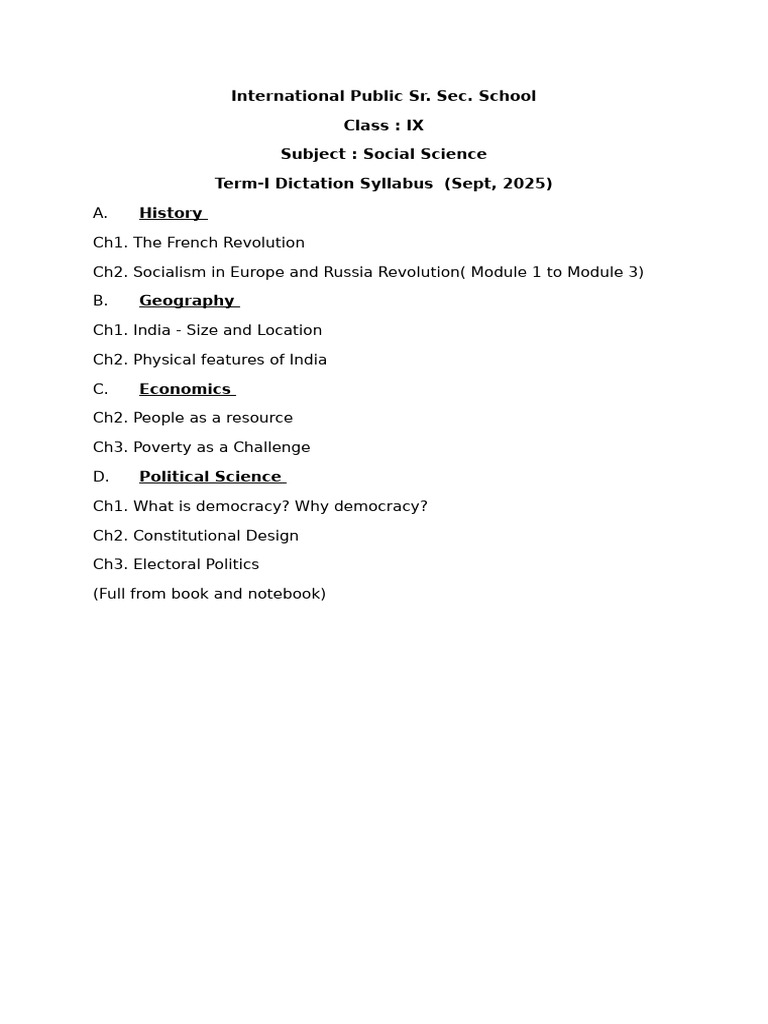 Class-9, SST Syllabus Sept 2025-1 | PDF