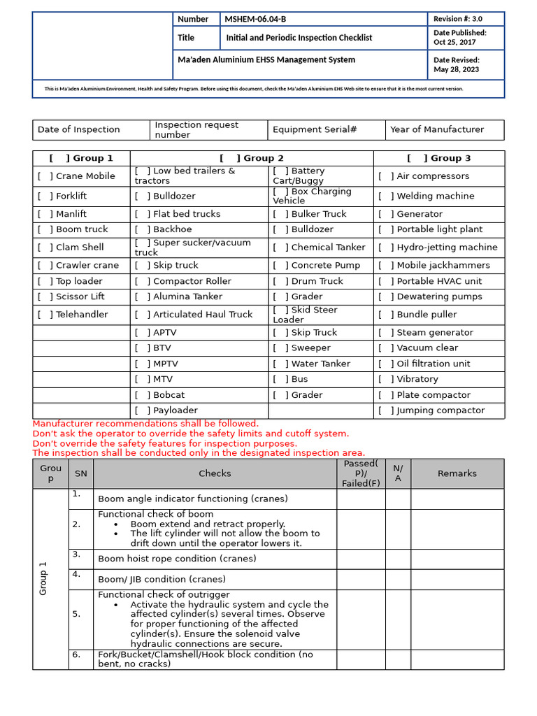 OSHA Chain Hoist Inspection Checklist | PDF | Crane (Machine) | Loader ...