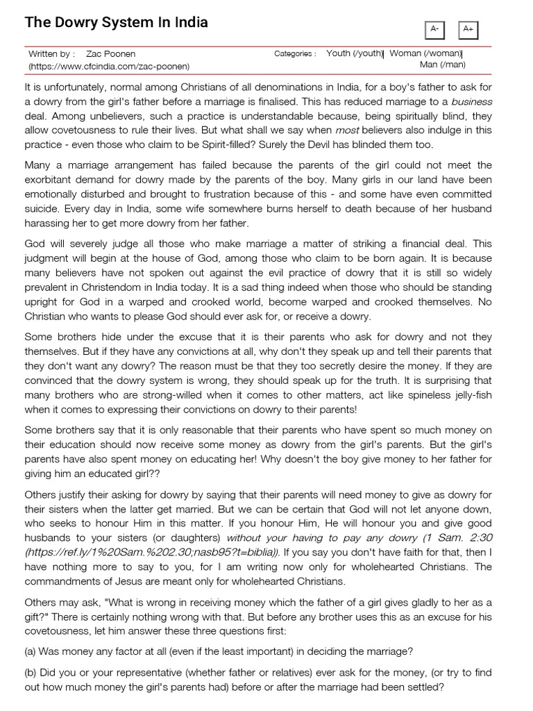 The Dowry System in India - Cfcindia, Bangalore | PDF