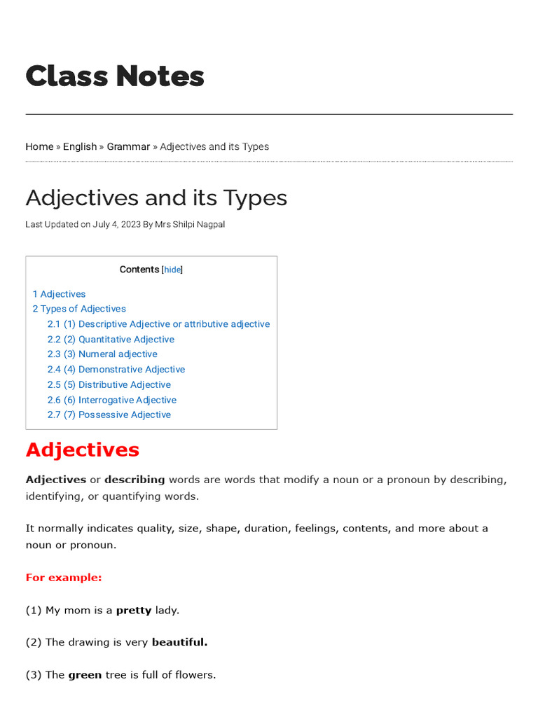 Types of Adjectives Explained | PDF | Adjective | Noun