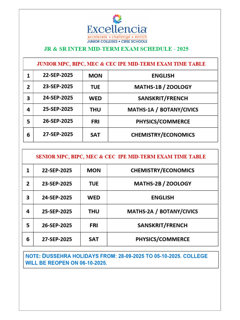 JR & SR Inter - Ipe - Mid-Term Exam Schedule-2025 | PDF