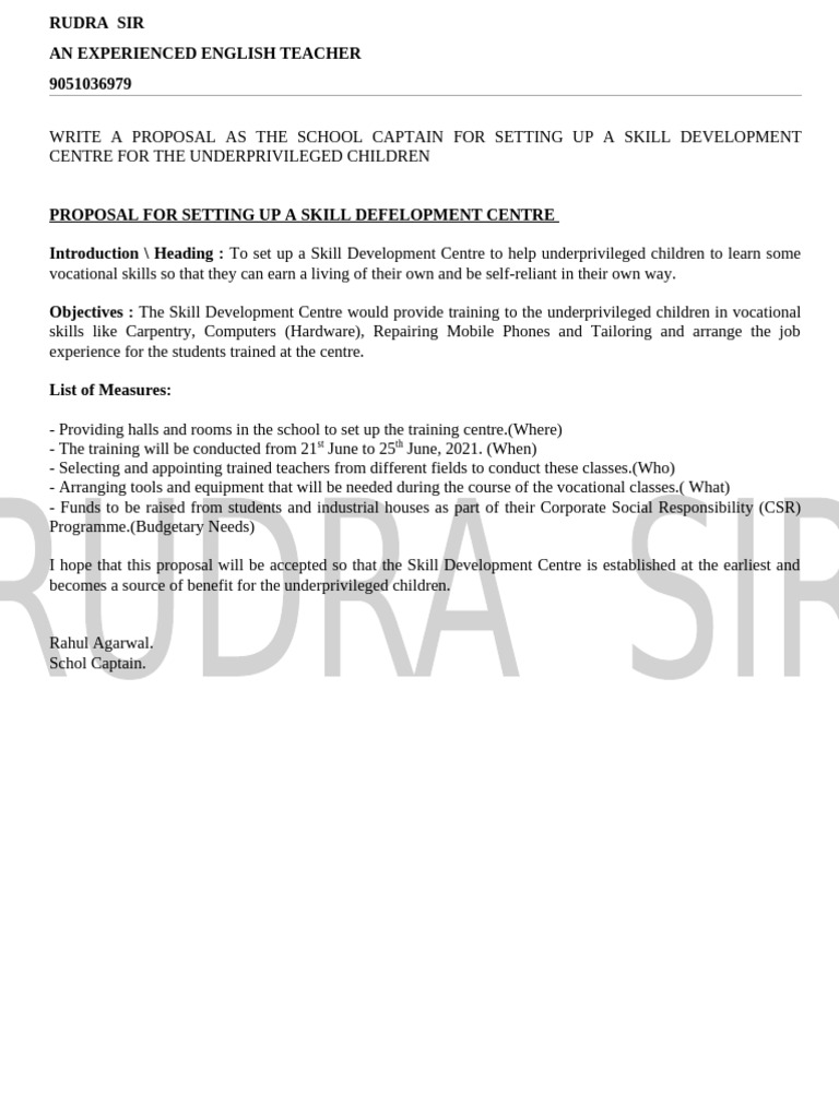 Proposal For Setting Up Skill Development Centre For The ...