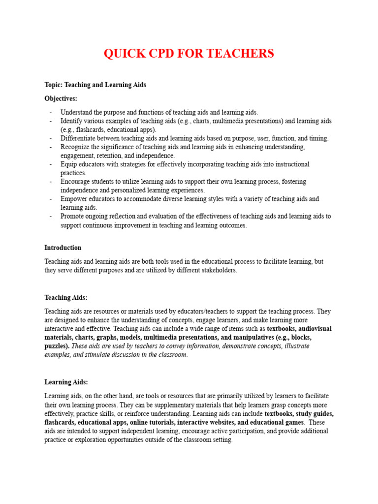 Teaching and Learning Aids Overview | PDF | Learning | Teachers