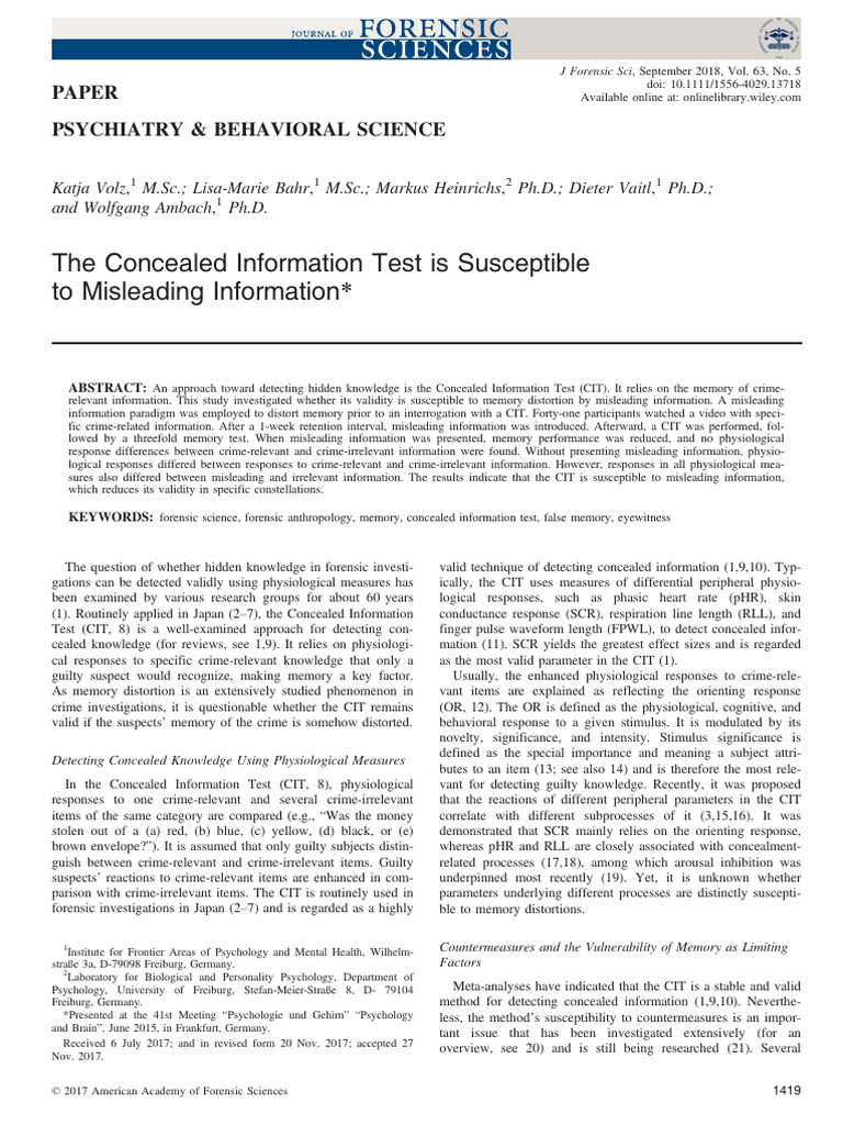 The Concealed Information Test Is Susceptible | PDF | Memory | Experiment