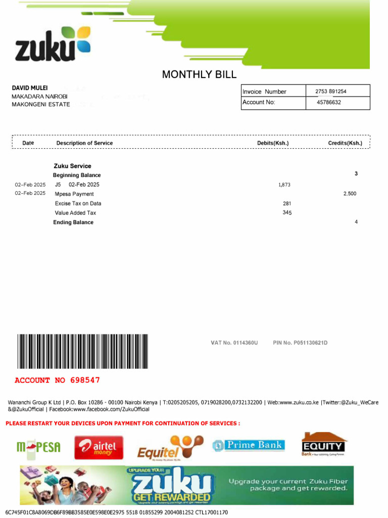 Zuku Bill - 2025 | PDF