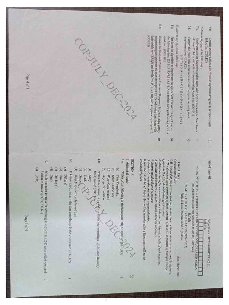 DSA-I 2024-25 Question Paper | PDF
