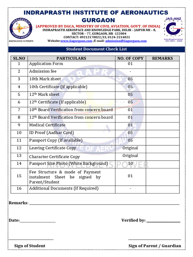 Iia Gurgaon Student Docs Checklist | PDF