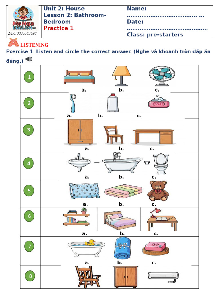 17. Unit 2 - Home - Bathroom, Bedroom - Practice 1 (thêm ảnh) | PDF ...