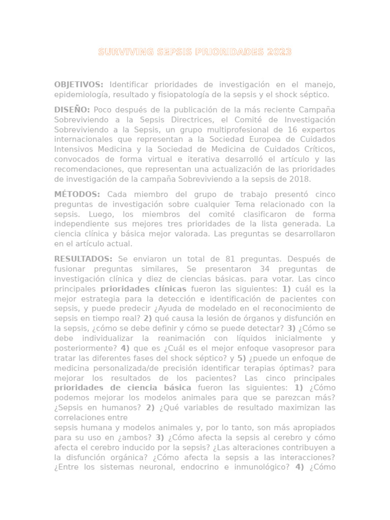 Prioridades de Investigación en Sepsis 2023 | PDF | Septicemia ...