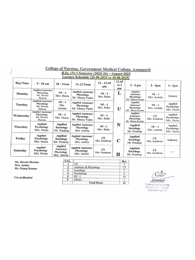 BSC N Lecture Schedule August 2025 | PDF