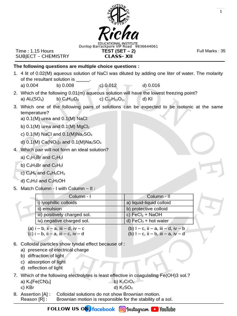 Weekly Test Q Paper CL 12 Chem Set-2 Richa Mam | PDF | Chemistry ...