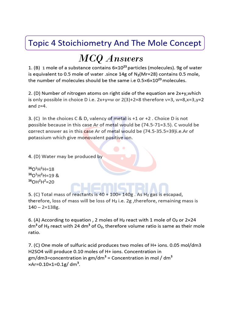 Stoichiometry & The Mole Concept (MCQ) | PDF | Mole (Unit) | Stoichiometry