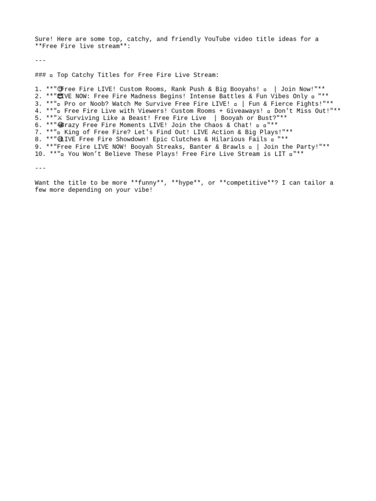 Catchy Free Fire Live Stream Titles | PDF