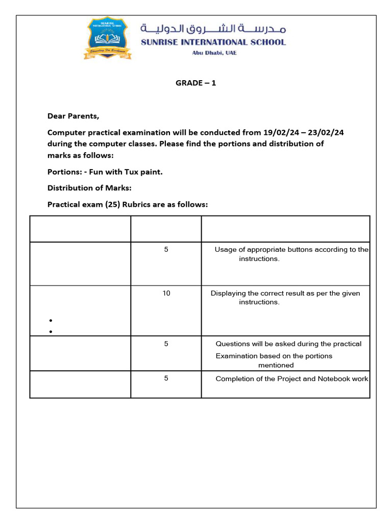 Grade 1 Computer Practical Exam Rubrics | PDF