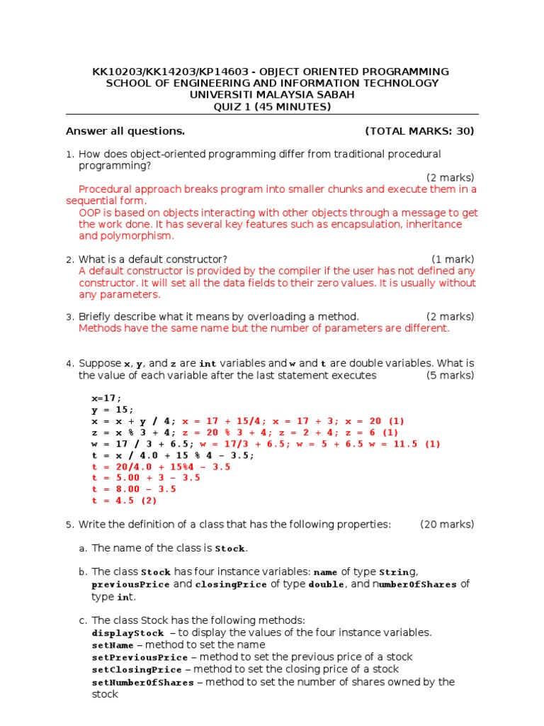 Kk10203 Quiz 1 Solution Pdf Object Oriented Programming Constructor Object Oriented