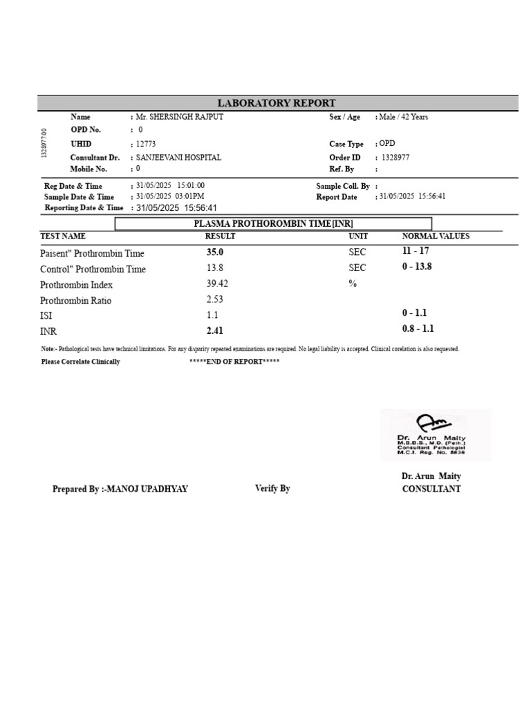 Prothrombin Time Lab Report for Male 42 | PDF | Clinical Medicine ...