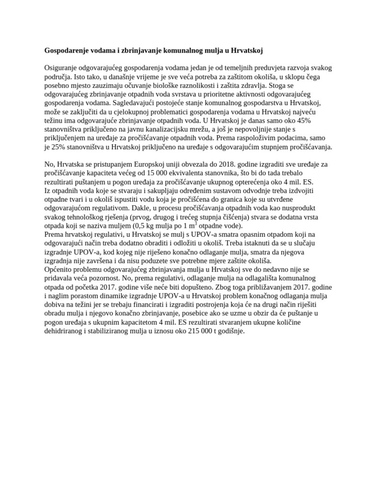Gospodarenje Vodama I Zbrinjavanje Komunalnog Mulja U Hrvatskoj | PDF