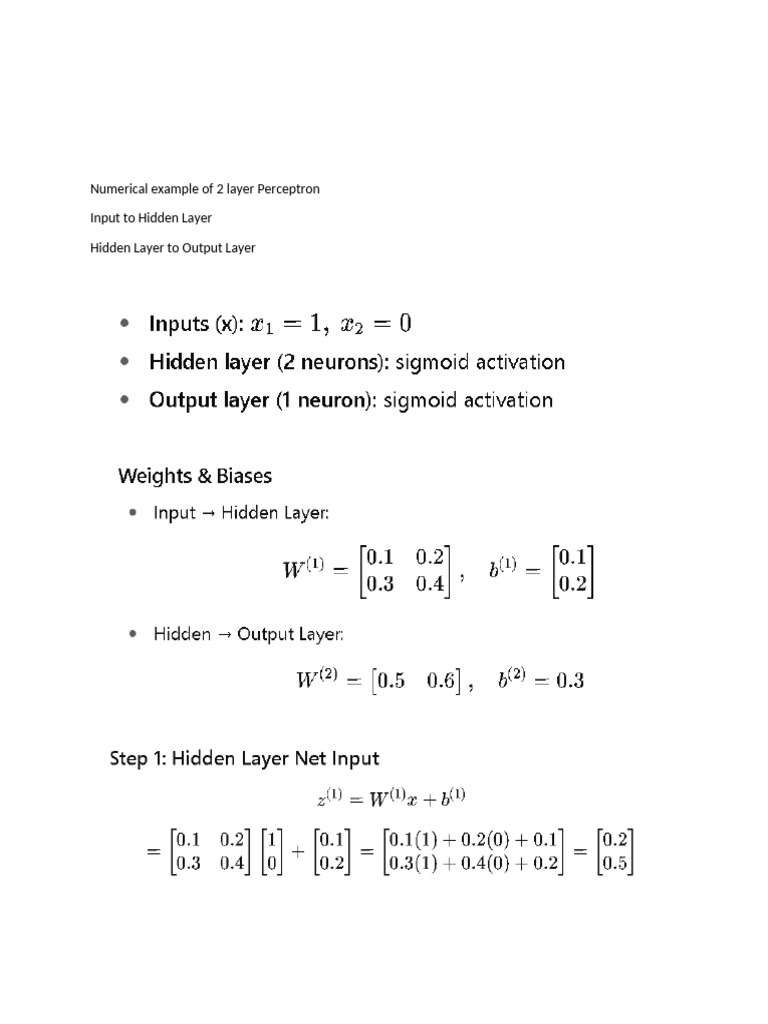 Numerical 2 Layer Perceptron Using Feed Forward in MLP | PDF