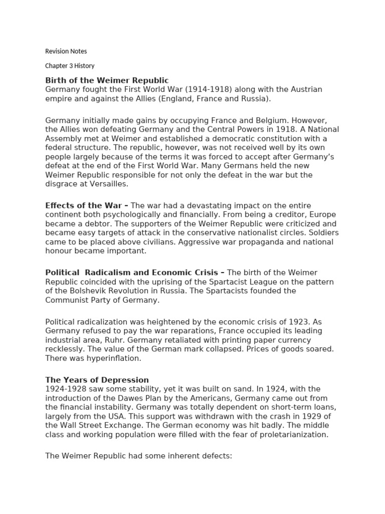 Notes CH 3 History | PDF | Weimar Republic | Nazi Germany