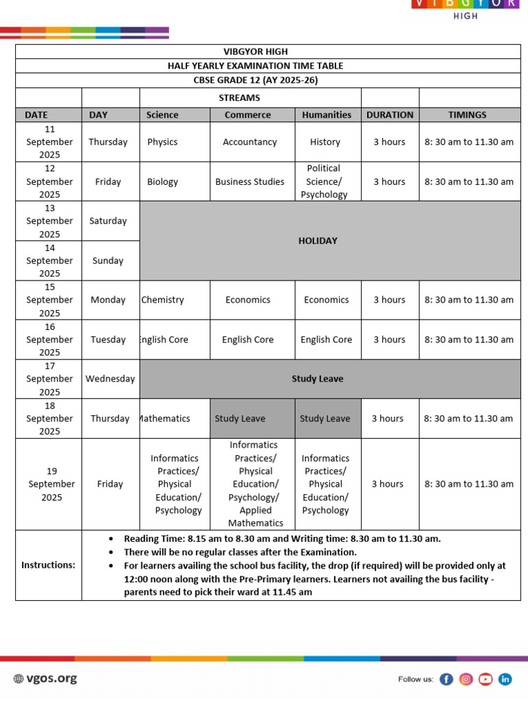VH Cbse Grade 12 Half Yearly Timetable Ay25 26 | PDF