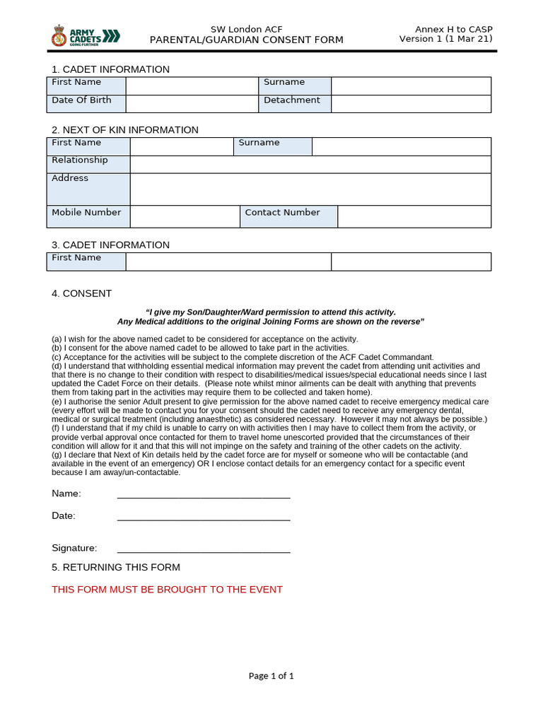 Army Cadet Parental Consent Form | PDF | Consent