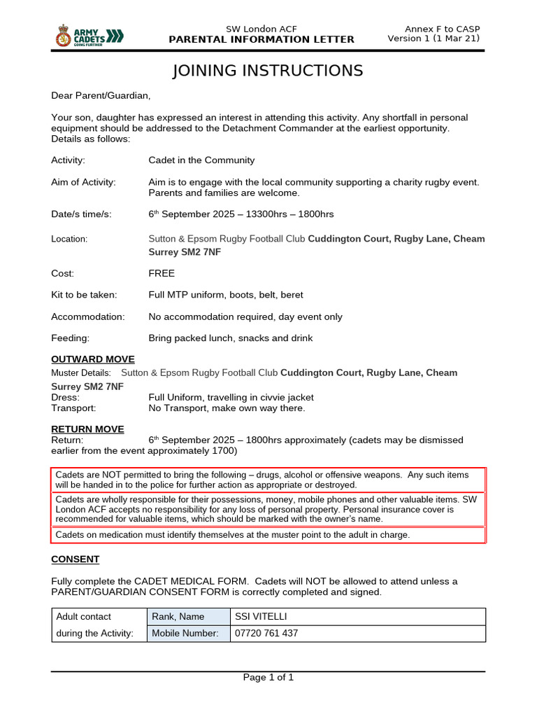 Casp Annex F - Parent Information Letter | PDF