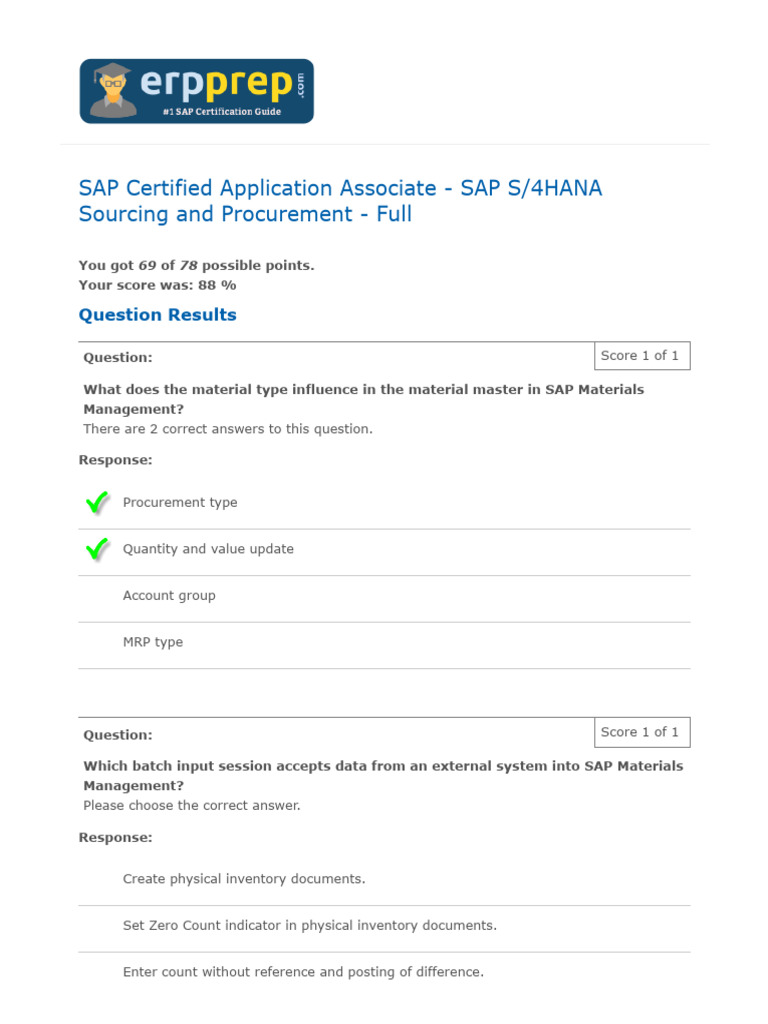 SAP Certified Application Associate - SAP S - 4HANA Sourcing and Procurement - Full 13 - ERPPrep ...